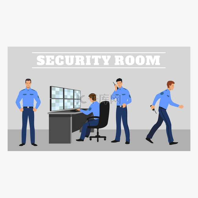 Security room and working guards. Vector concept illustration素材图片免费下载-千库网