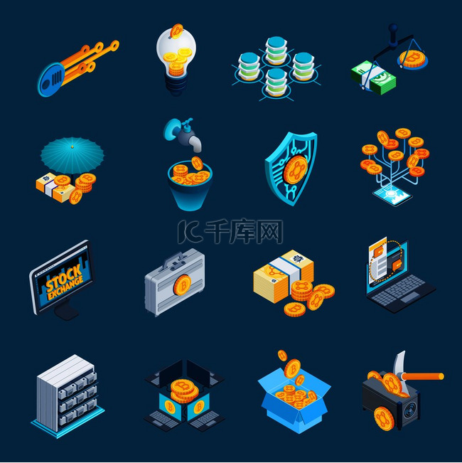 一组等距图标，带有挖掘加密货币、区块链、ico、股票交易所，在蓝色背景矢量图上隔离。 素材图片免费下载-千库网