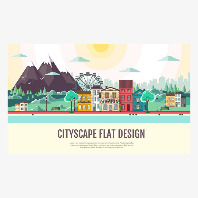 Flat style modern design of urban city landscape and mountains素材图片免费下载-千库网