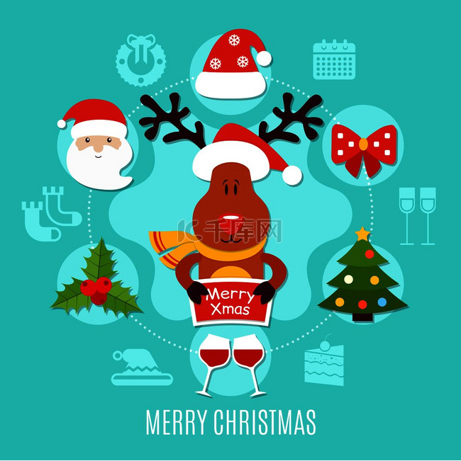 圣诞快乐，圆形构图，包括圣诞老人、带问候语的鹿、蓝色背景平面矢量图上的酒杯。素材图片免费下载-千库网