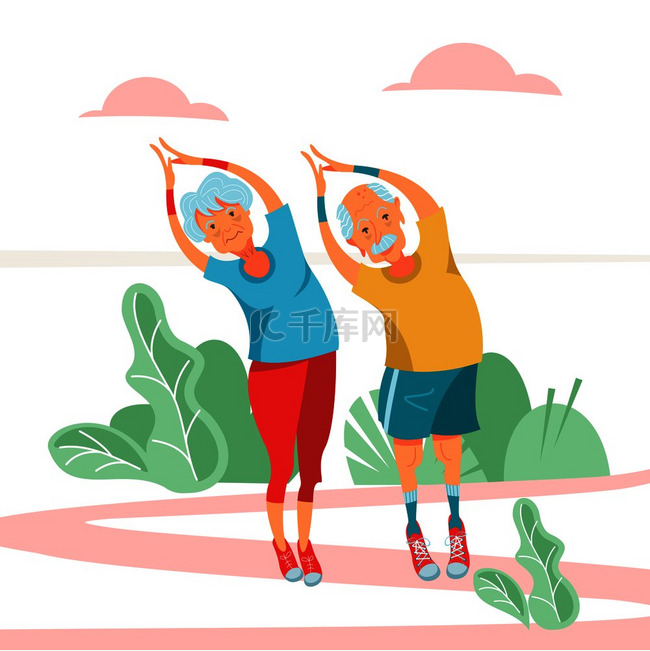 一位老年妇女和一位老年男子在清新的空气中做瑜伽和健身。素材图片免费下载-千库网