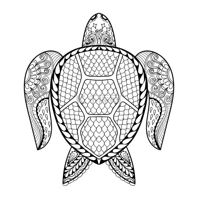 Hand drawn sea Turtle for adult coloring pages in doodle, zentan素材图片免费 ...