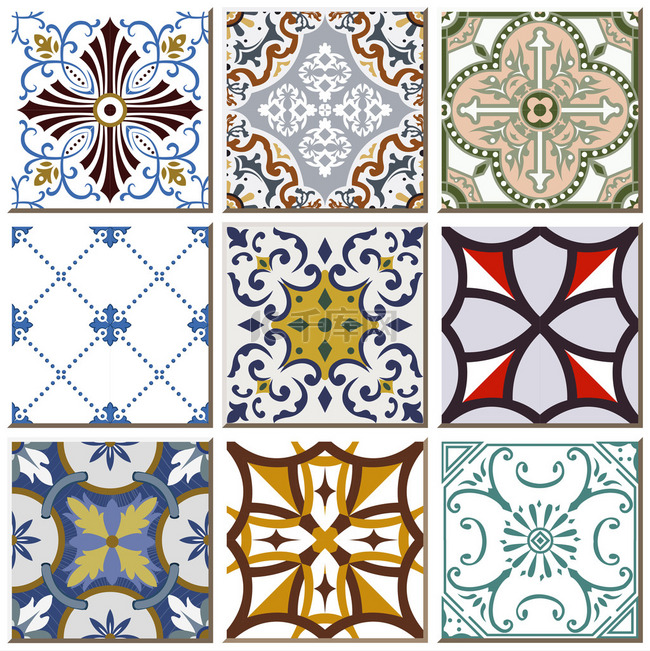 Vintage retro ceramic tile pattern set collection 013素材图片免费下载-千库网