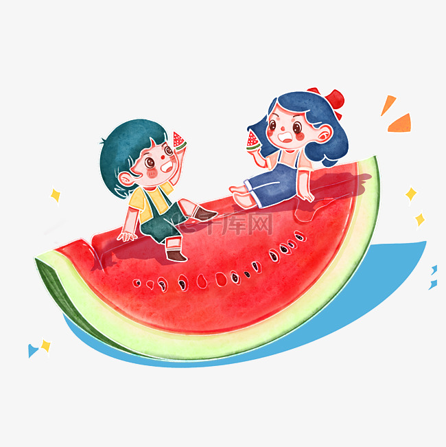 大暑节气沙滩男孩女孩吃西瓜素材图片免费下载-千库网