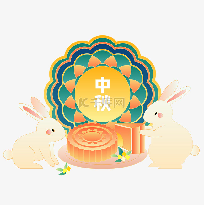 中秋圆月玉兔月饼组合素材图片免费下载-千库网
