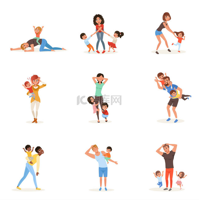 卡通套疲惫的年轻父母在不同的姿势。父亲, 母亲, 小男孩和女孩。孩子们想玩为人父母的现实。家庭行动。平面向量素材图片免费下载-千库网