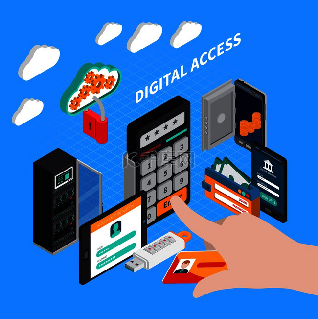 蓝色背景矢量插图上带有组合锁、身份证、授权和身份验证的数字访问等距组合。素材图片免费下载-千库网