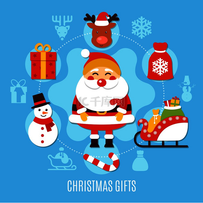 圣诞礼物圆形平面组合与圣诞老人、雪人、鹿、雪橇和蓝色背景矢量插图上的礼物。素材图片免费下载-千库网