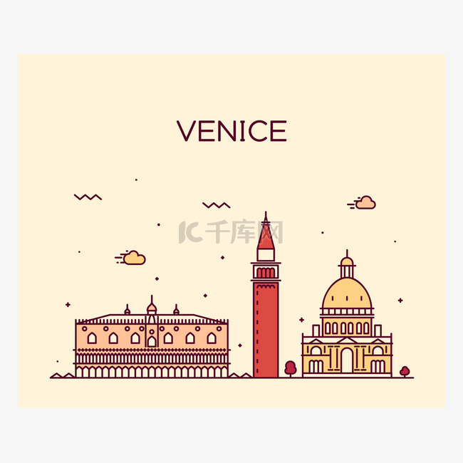 Venice skyline trendy vector illustration linear素材图片免费下载-千库网