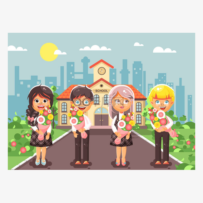 矢量图卡通人物儿童学童同学学生站在大楼前的花束鲜花的学生，知识天开始回到学校平面样式的研究素材图片免费下载-千库网