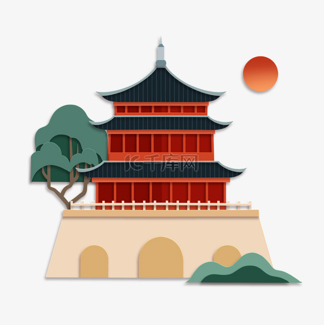 立体剪纸风中式建筑植物素材图片免费下载-千库网