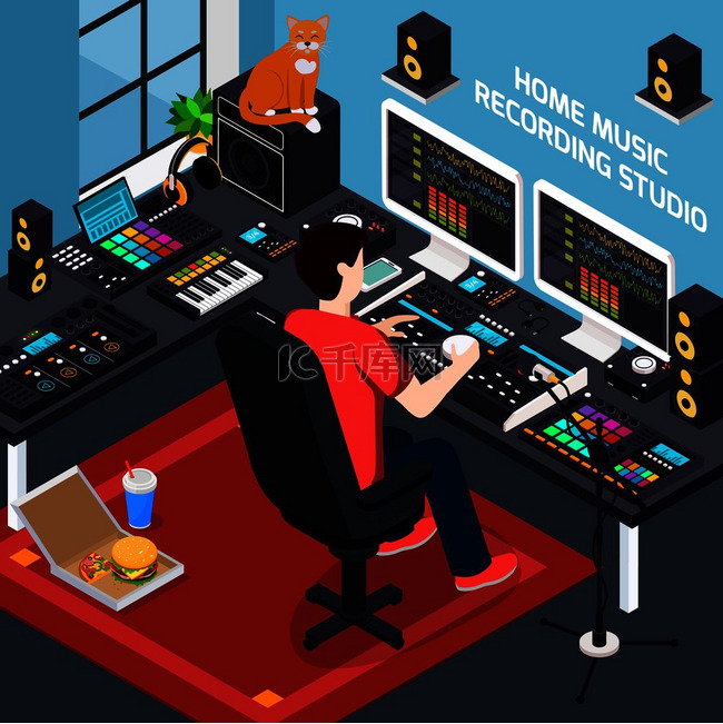音乐录音室等距组合与私人环境家庭内部矢量插图中的专业音频设备图像。素材图片免费下载-千库网