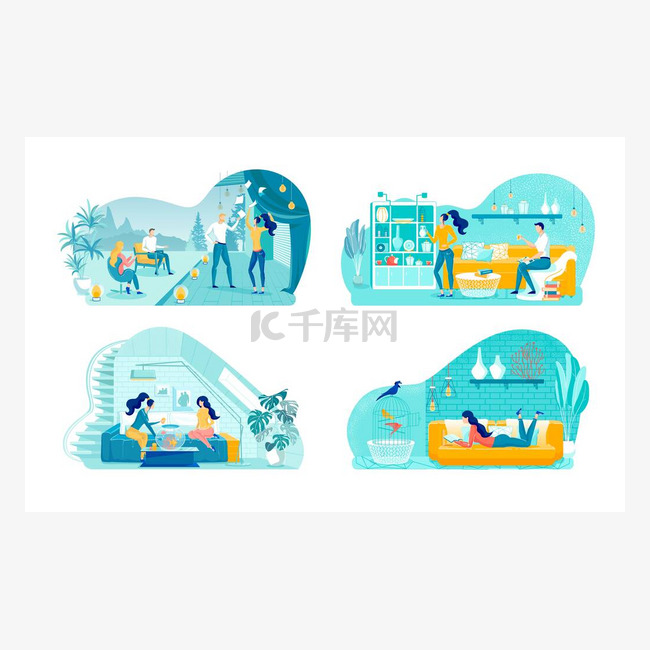 Pastime Activities at Home Flat Illustrations Set素材图片免费下载-千库网