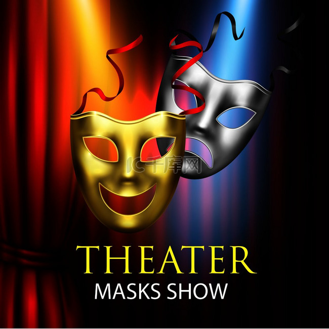 喜剧悲剧用金色和银色的经典戏剧面具和文本矢量插图掩盖了戏剧创作红窗帘剧院构图素材图片免费下载-千库网