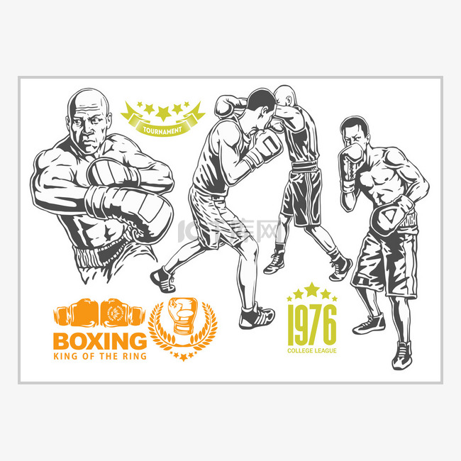 Fight between two boxers - set of monochrome illustrations.Plus vintage ...