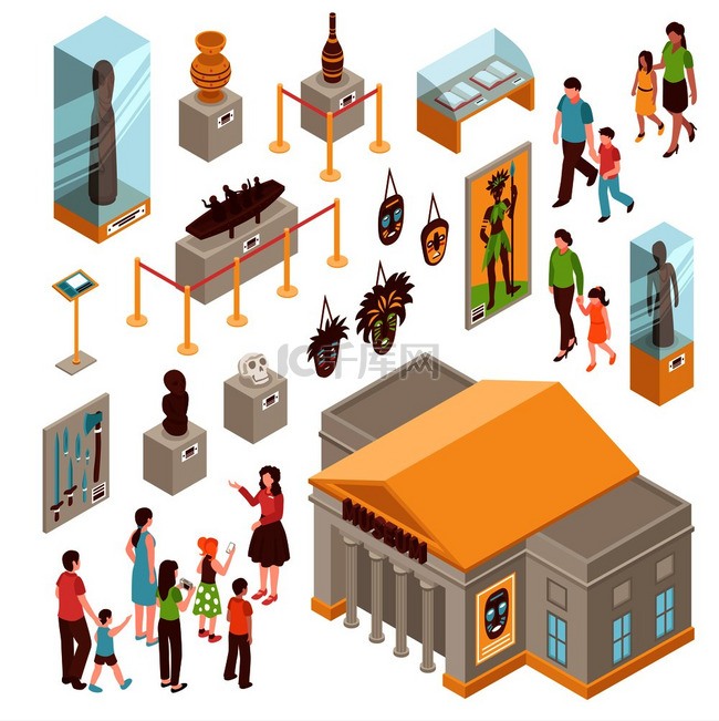 博物馆的一组等距图标，外面有建筑物，陈列柜和展览，参观者在游览中孤立的矢量图。素材图片免费下载-千库网