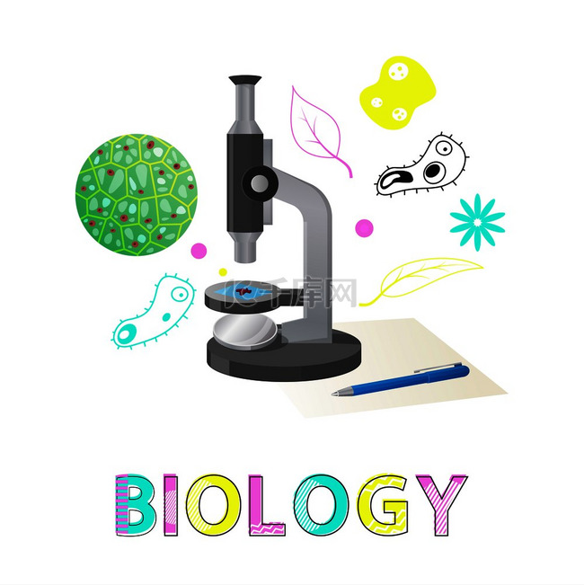 生物学科研究海报与显微镜设备。素材图片免费下载-千库网