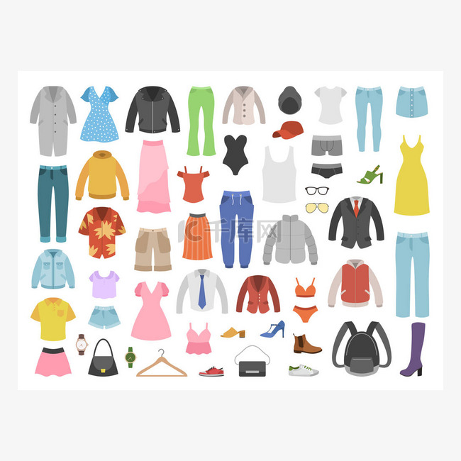 Flat clothes. Women and men fashion modern outfits, footwear and bags ...