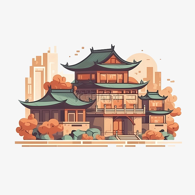 中国古建筑扁平图标装饰元素插图素材图片免费下载-千库网