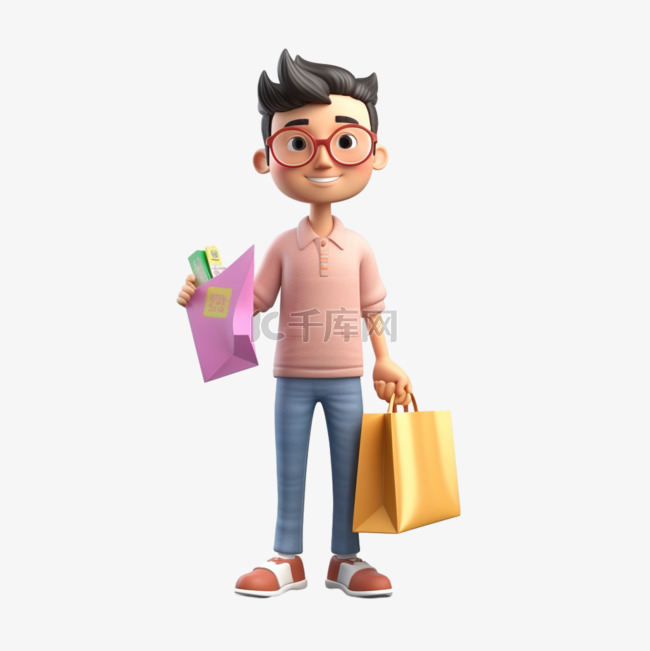 卡通动漫3D电商购物男孩素材图片免费下载-千库网