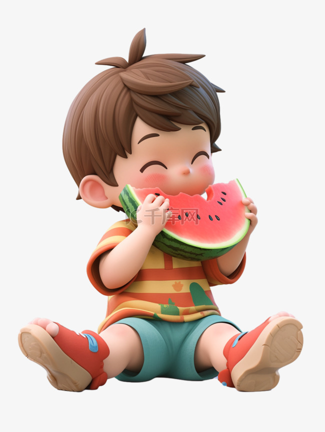 3dc4d立体夏天吃西瓜的男孩素材图片免费下载-千库网