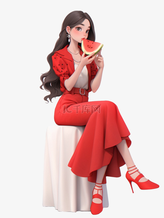 3dc4d立体夏天吃西瓜的女孩素材图片免费下载-千库网