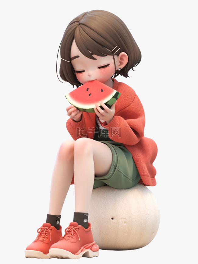 3dc4d立体夏天吃西瓜的女孩素材图片免费下载-千库网