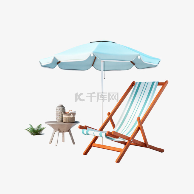 3DC4D立体夏日场景沙滩遮阳伞折叠躺椅素材图片免费下载-千库网