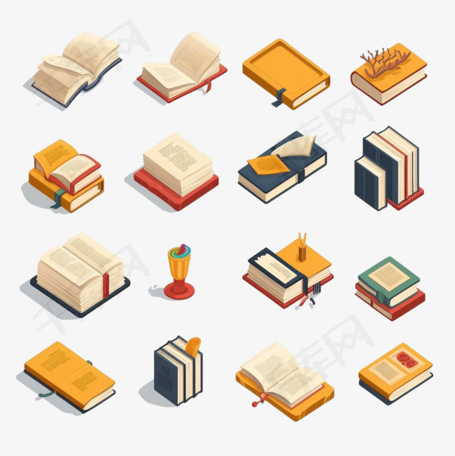 一套矢量书插图，适用于各种文件、教材、出版物和邀请函等不同风格的书籍打开和关闭图标素材图片免费下载-千库网