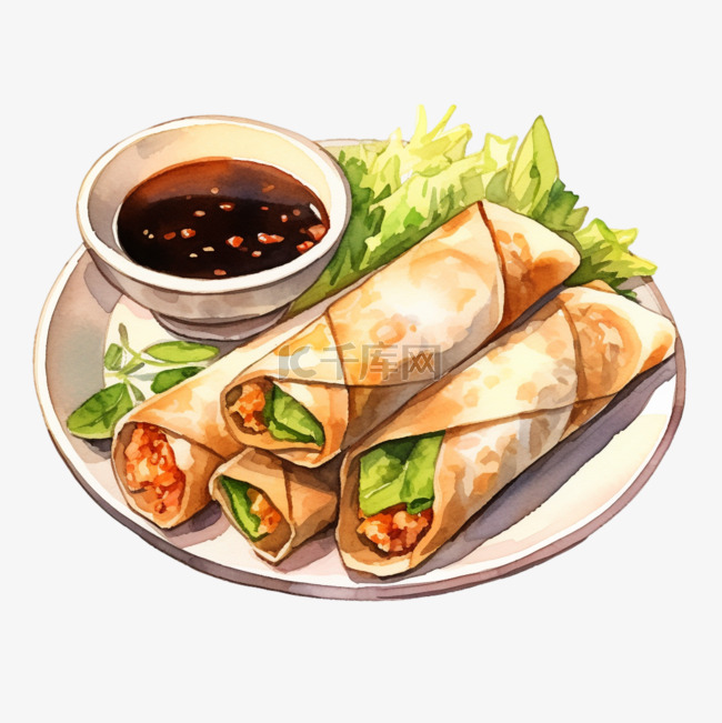 水彩风格中餐美味春卷素材图片免费下载-千库网