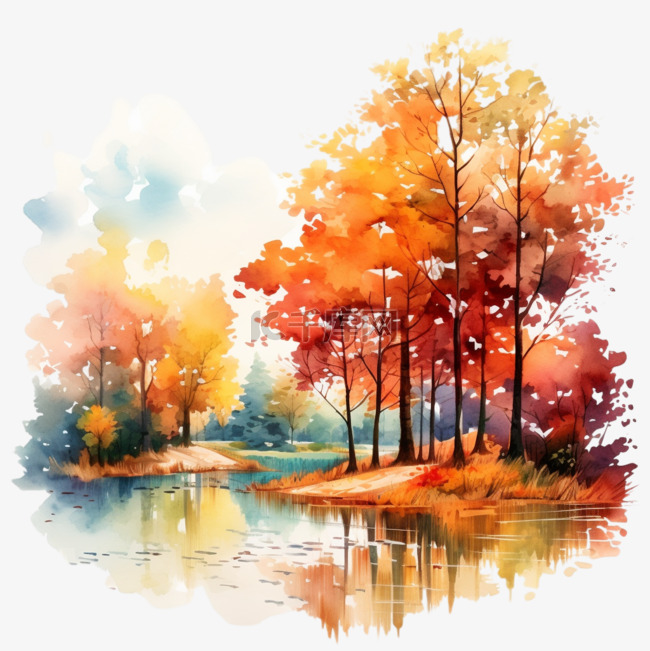 水彩秋天山水景色插画剪贴画素材图片免费下载-千库网