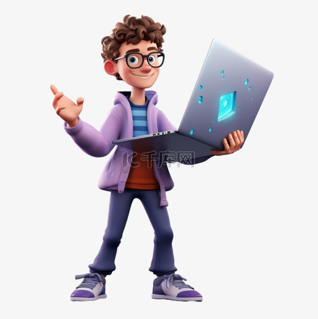 卡通男孩手拿笔记本电脑元素素材图片免费下载-千库网