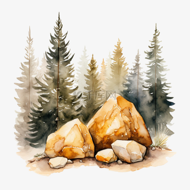 水彩石头树木森林场景免扣元素素材图片免费下载-千库网