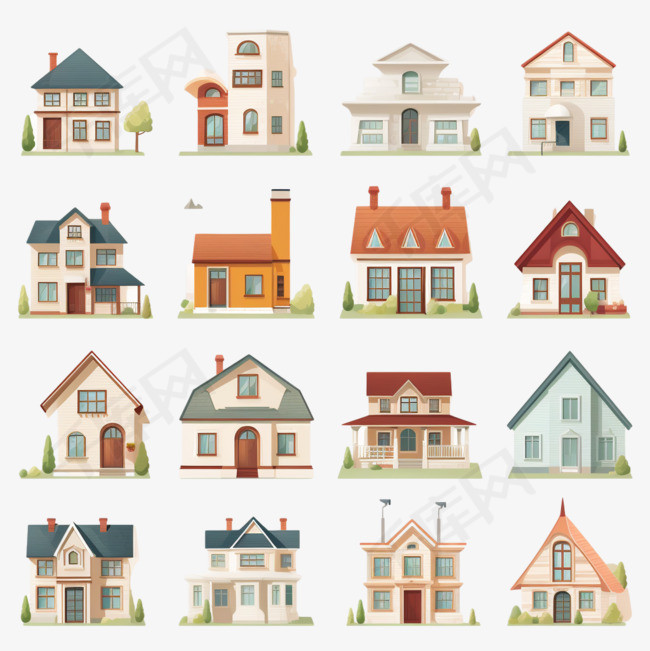 平面设计房屋插图套装房子矢量素材图片免费下载-千库网