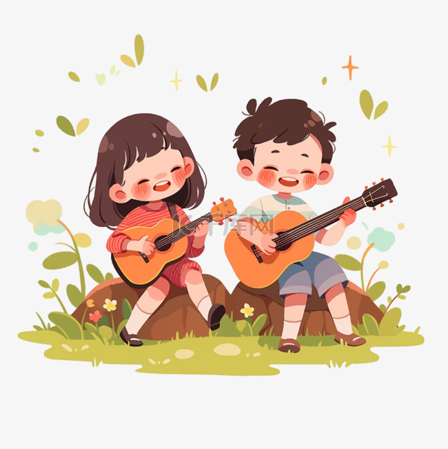 可爱的儿童弹琴唱歌卡通手绘元素素材图片免费下载-千库网