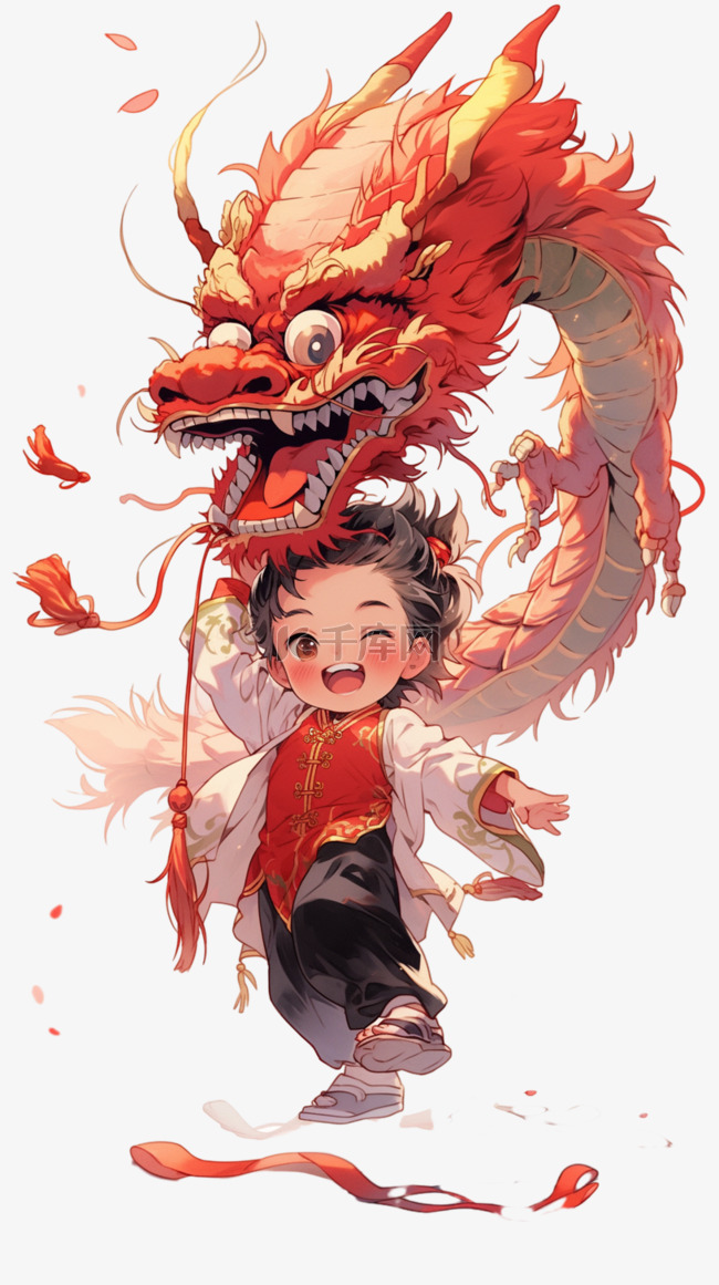 龙年舞龙的少年卡通素材图片免费下载-千库网