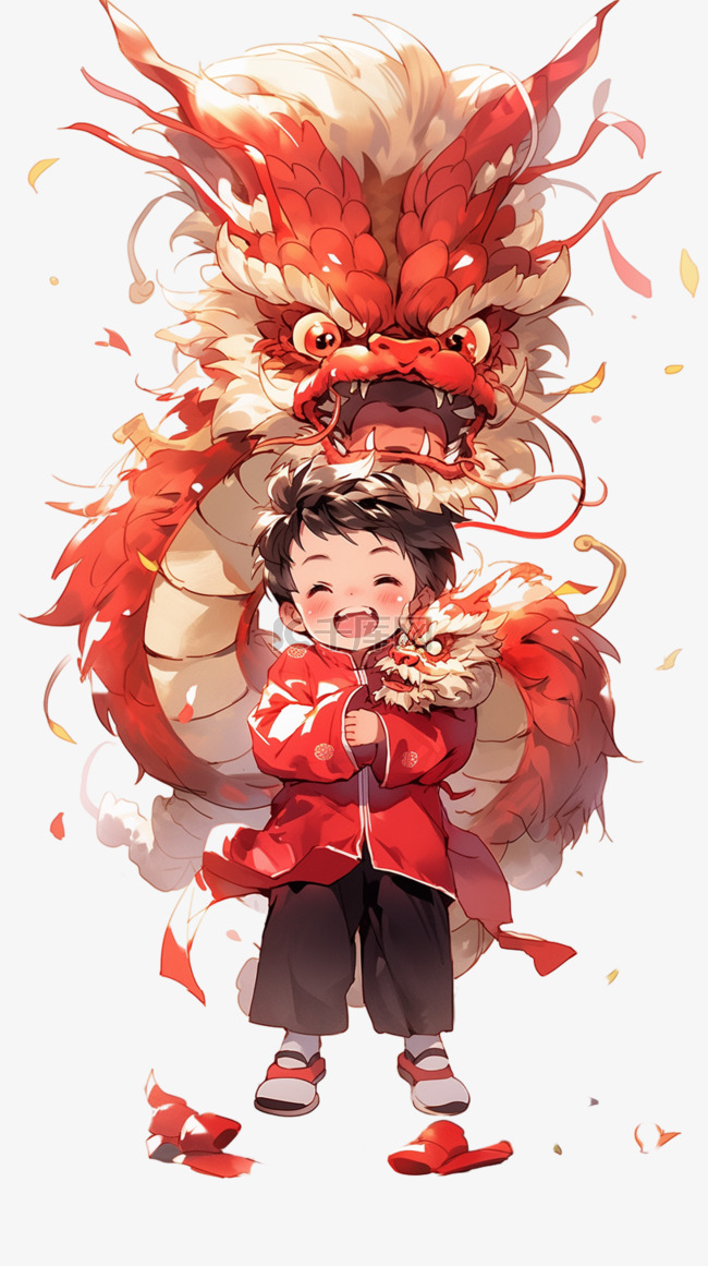 龙年舞龙的少年卡通手绘素材图片免费下载-千库网