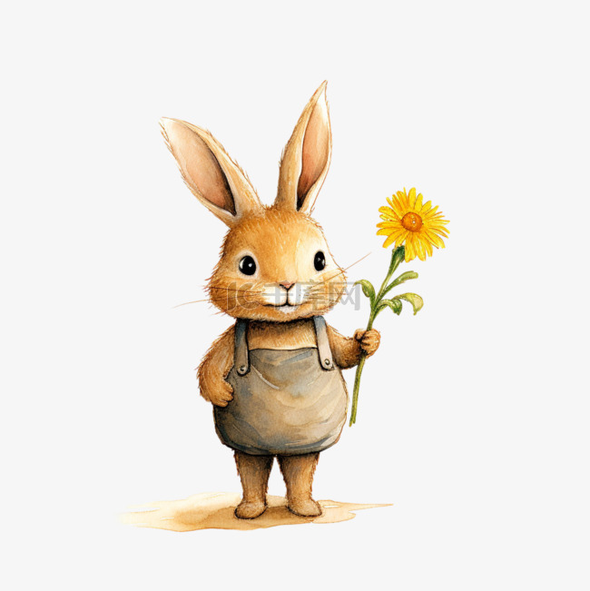 黄色兔子背心拿着花朵微笑元素立体免扣手绘素材图片免费下载-千库网
