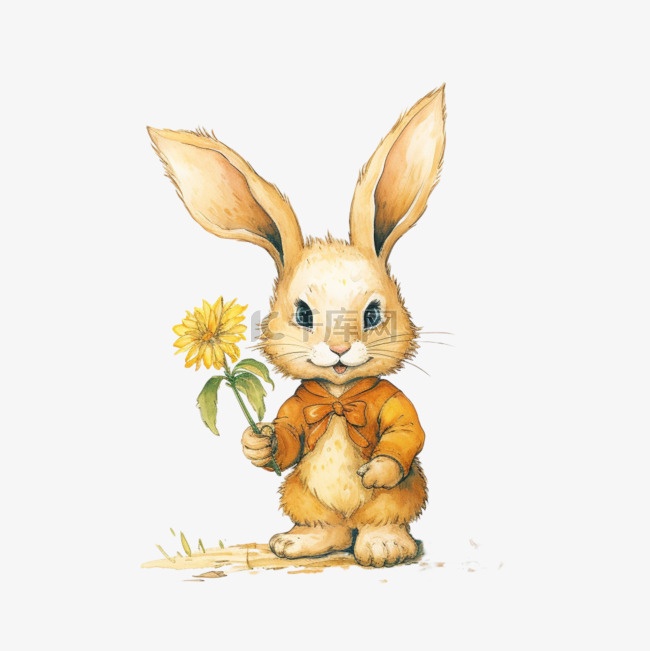 黄色兔子蹲着拿着花朵AI元素立体免扣手绘素材图片免费下载-千库网