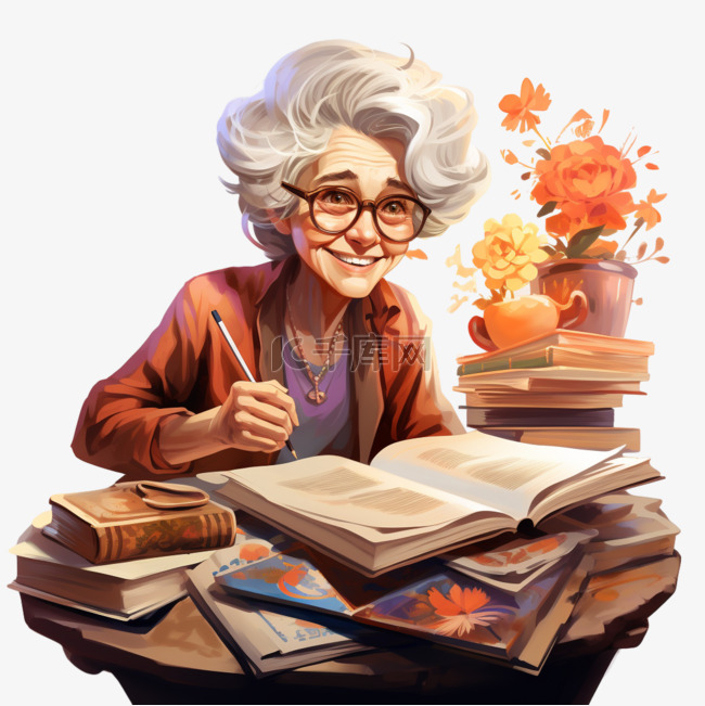 老年文学女教师老师各科教育人物卡通素材图片免费下载-千库网