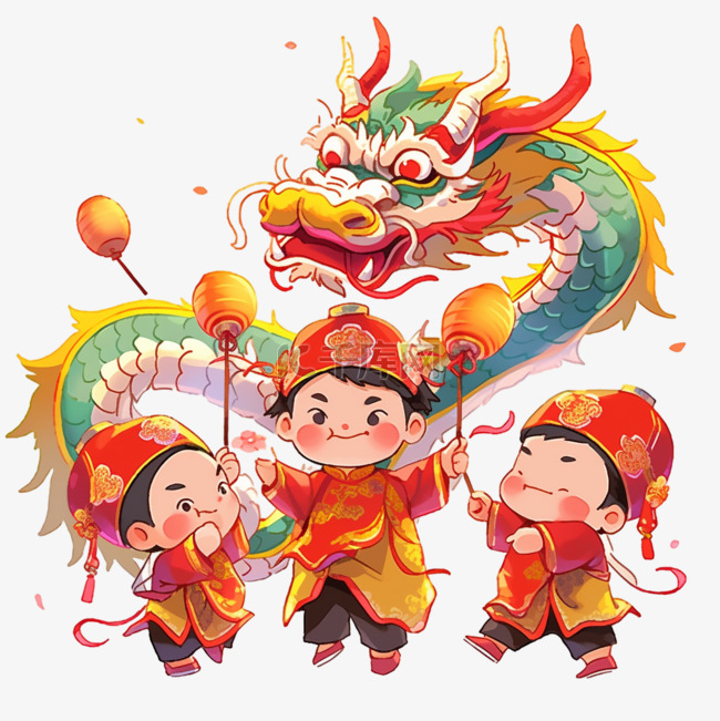 卡通手绘小孩舞龙过春节17素材图片免费下载-千库网