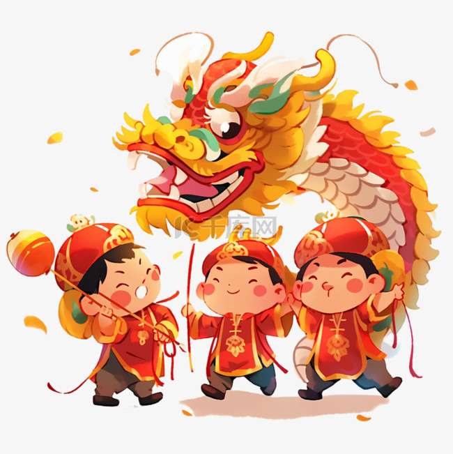 卡通手绘小孩舞龙过春节8素材图片免费下载-千库网
