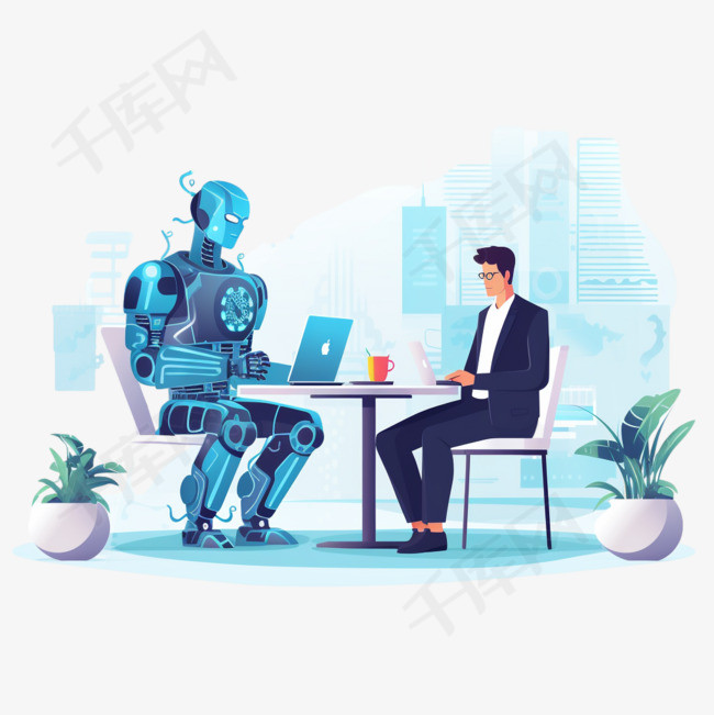 在工作场所，人类和机器人与计算机坐在一起。未来平面插图的人工智能劳动力素材图片免费下载-千库网