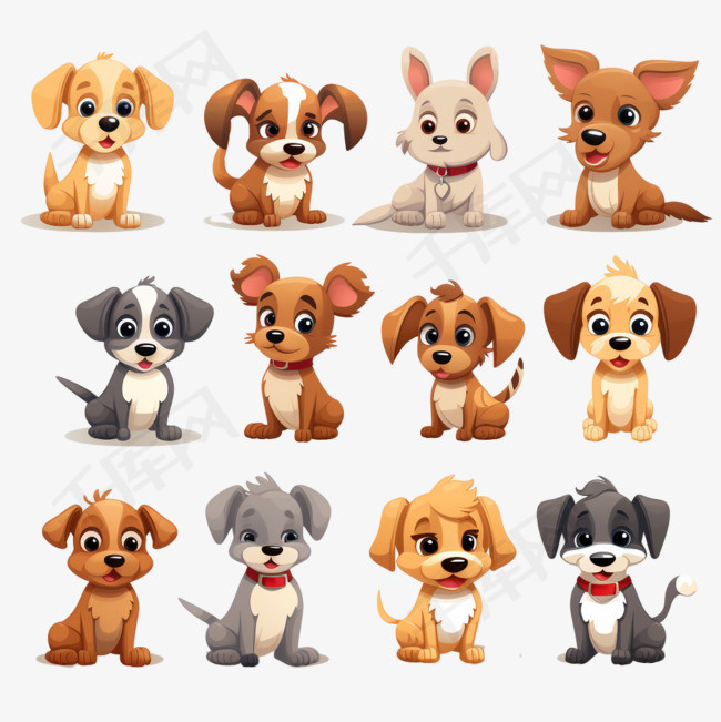 一组矢量可爱的卡通狗隔离在白色背景上素材图片免费下载-千库网