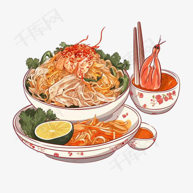 炖肉、烤鸡和糯米饭泰式食物辣木瓜沙拉手绘卡通插图素材图片免费下载-千库网