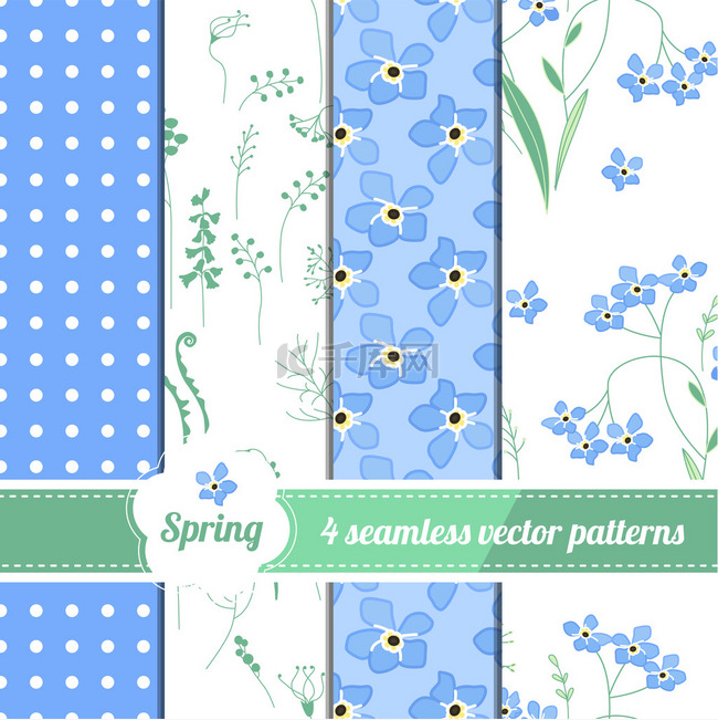 Set with four seamless spring patterns with blue flowers forget me nots ...