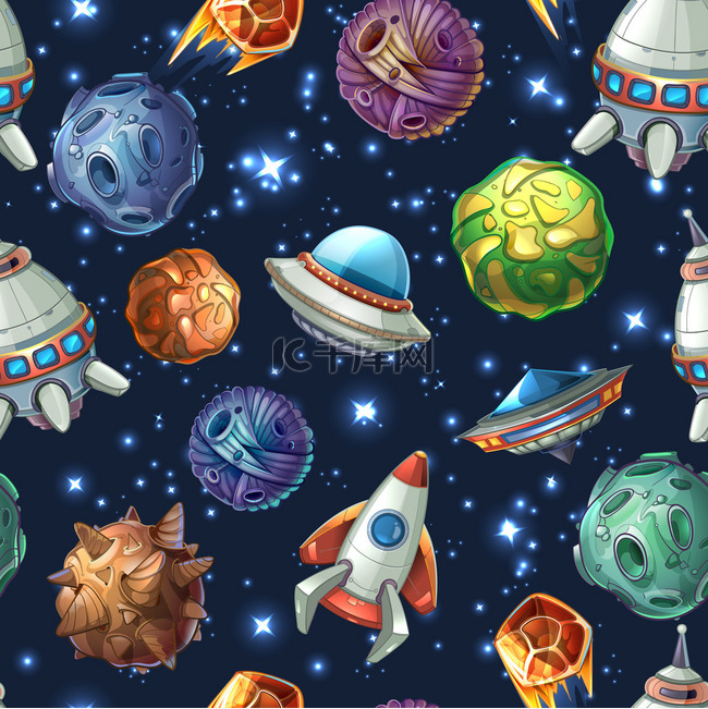 Comic space planets and spaceships. Vector seamless pattern素材图片免费下载-千库网