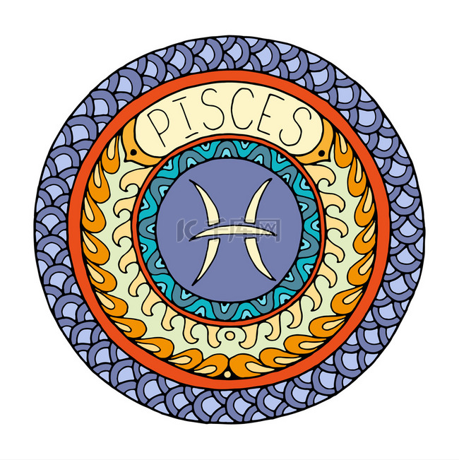 Mandala with pisces zodiac sign. Hand drawn tribal mandala horoscope ...