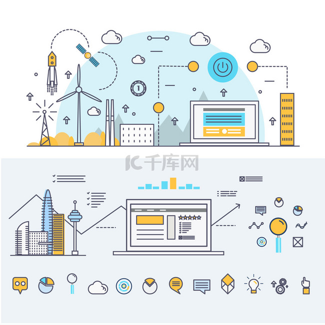 Modern industry thin block line flat icons and composition 素材图片免费下载-千库网