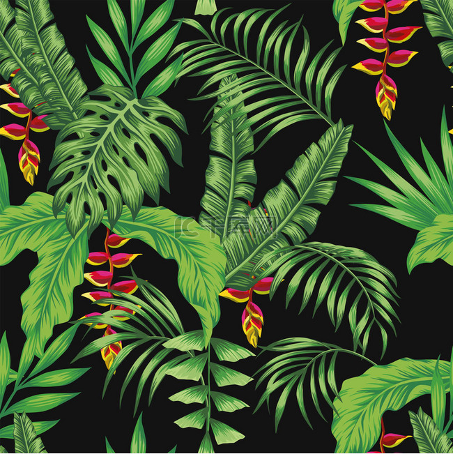 Tropical pattern leaves flowers seamless black background素材图片免费下载-千库网